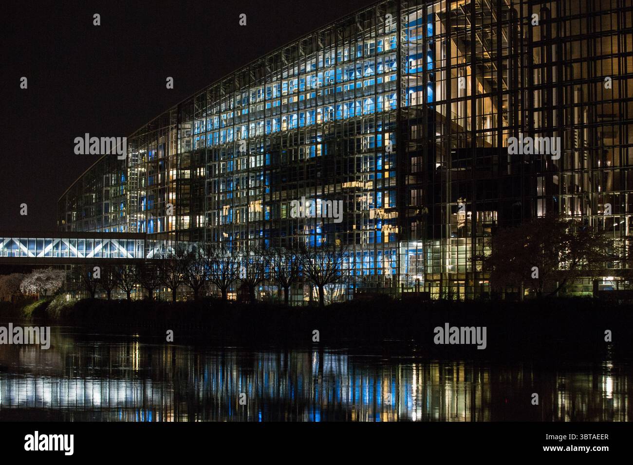 A night view of the Louise Weiss building, official headquarters of the ...