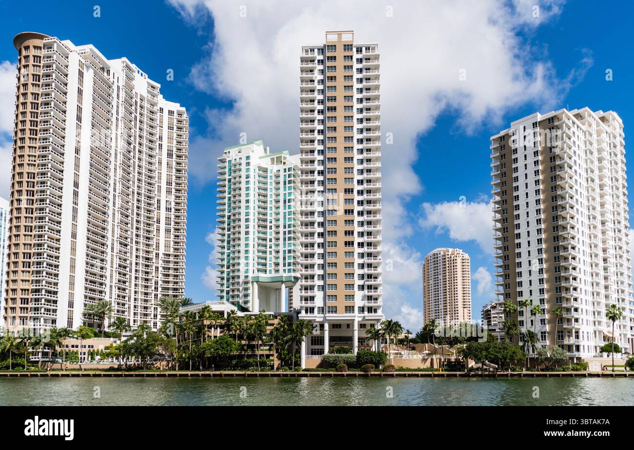 Aerial view of Brickell skyline in downtown Miami. Skyscrapers above ...