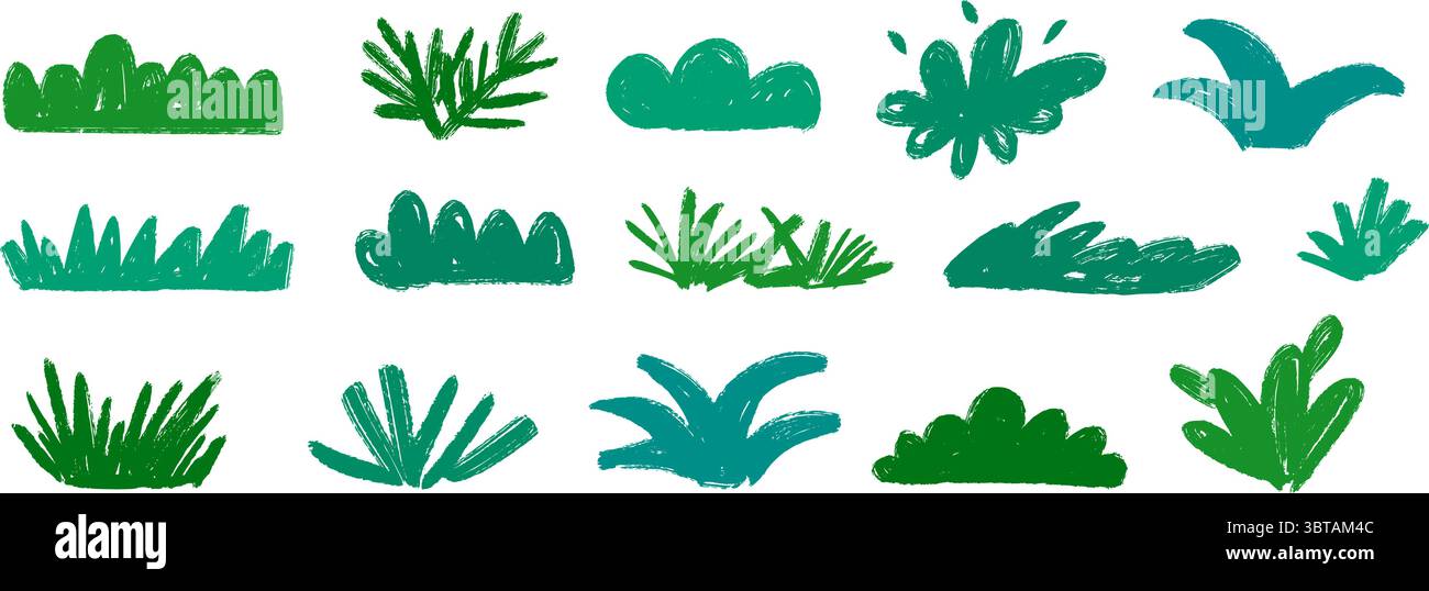 Hand drawn bushes and grass collection. Green crayon shrubbery set ...