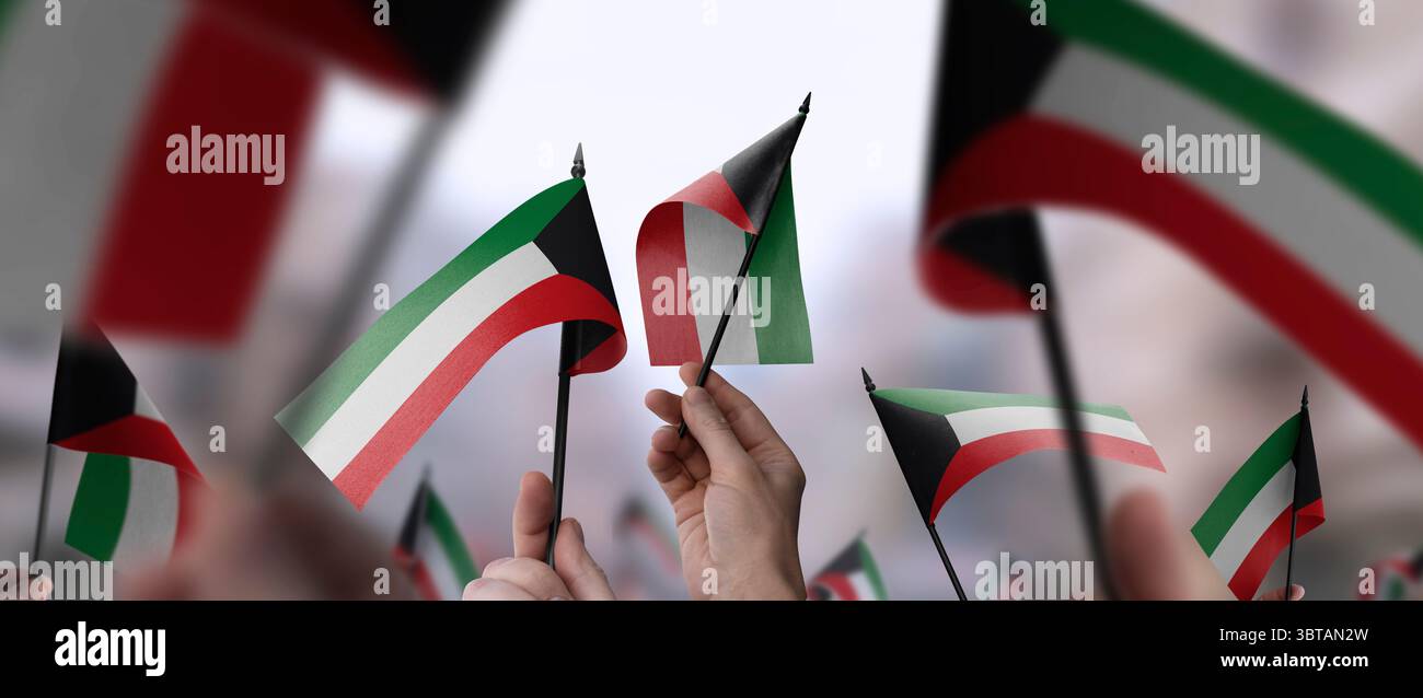 Kuwait flags in their hands on a blurred urban background Stock Photo ...