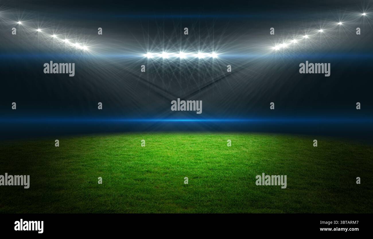 Empty turf field is glowing under flat design stadium floodlights arc ...