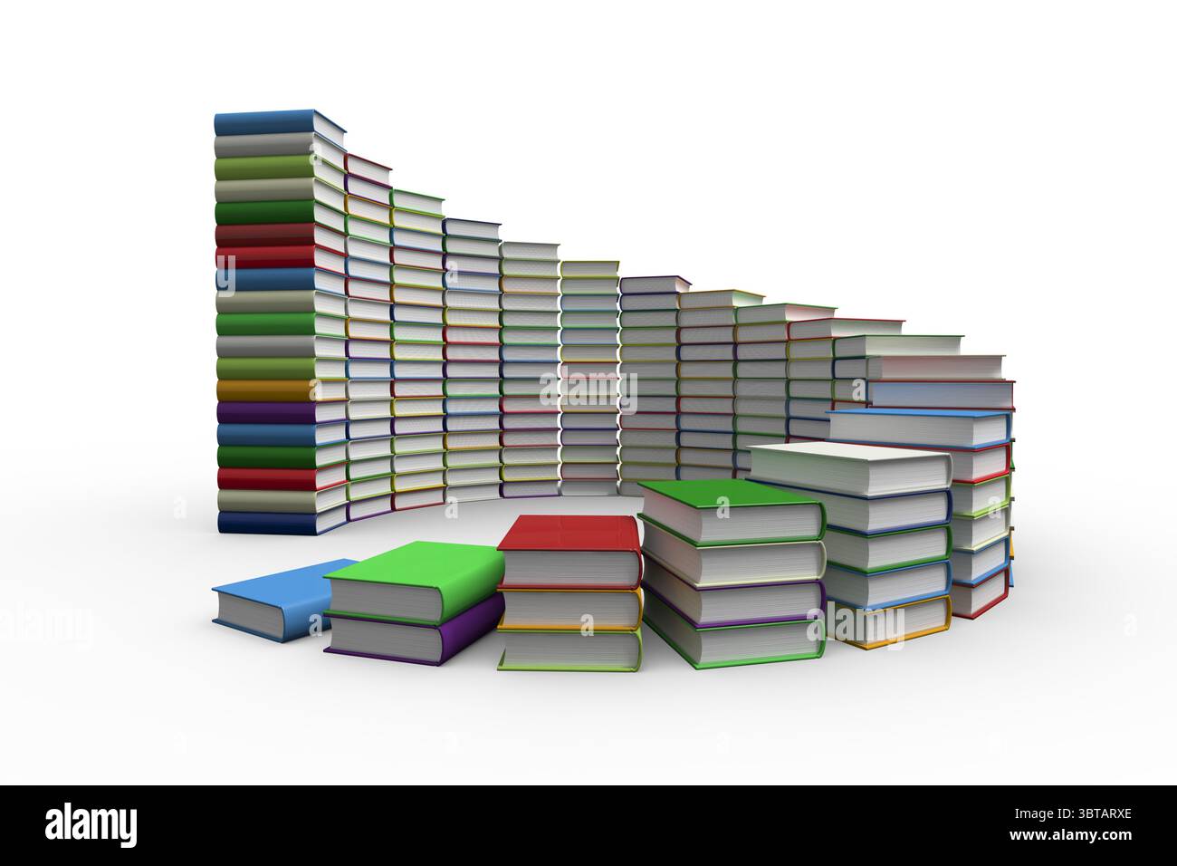 Semi-circular stacks of colorful hardcovers are arching in flat design ...