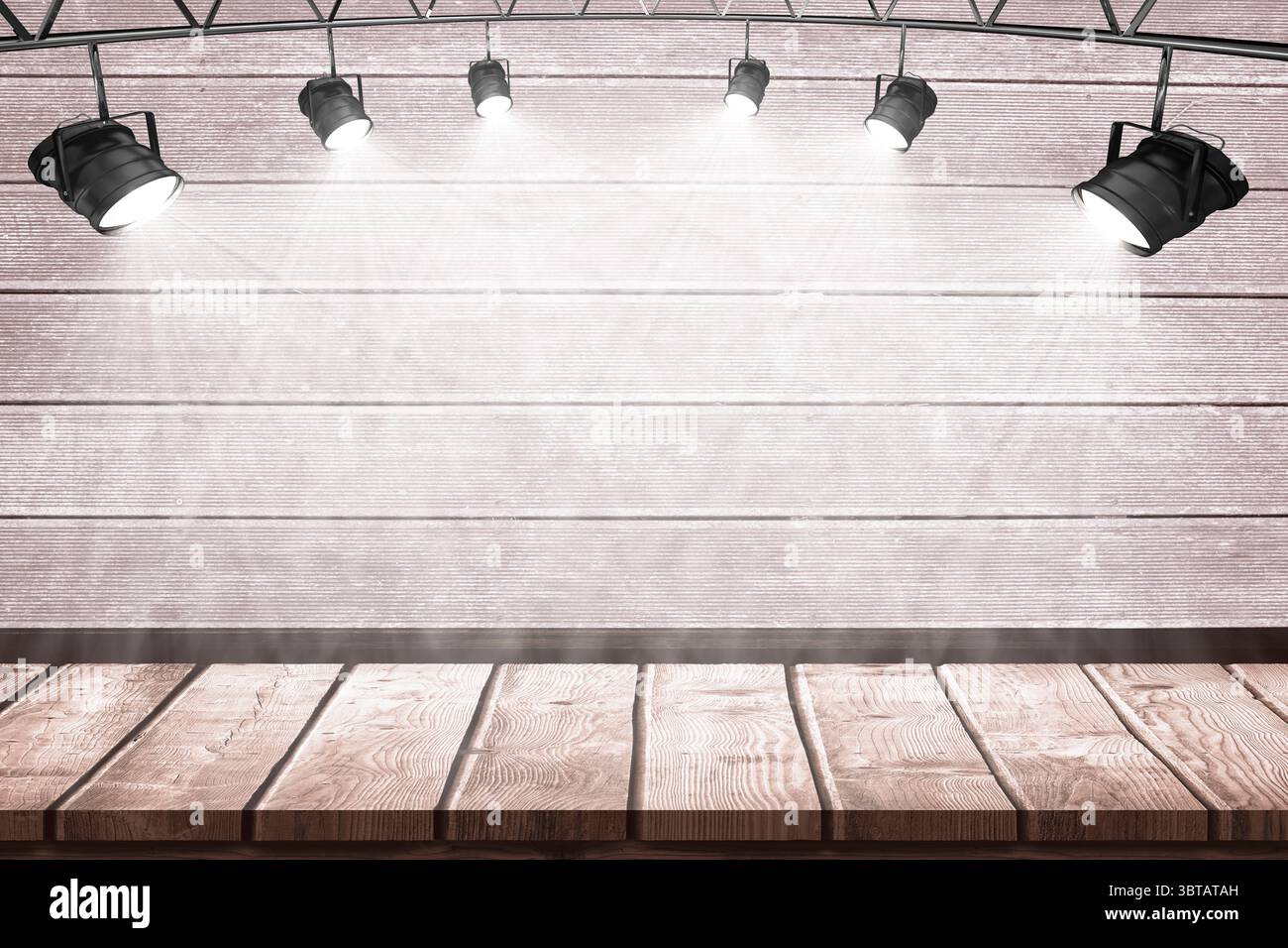 Spotlights falling on empty wooden stage against wall Stock Photo - Alamy
