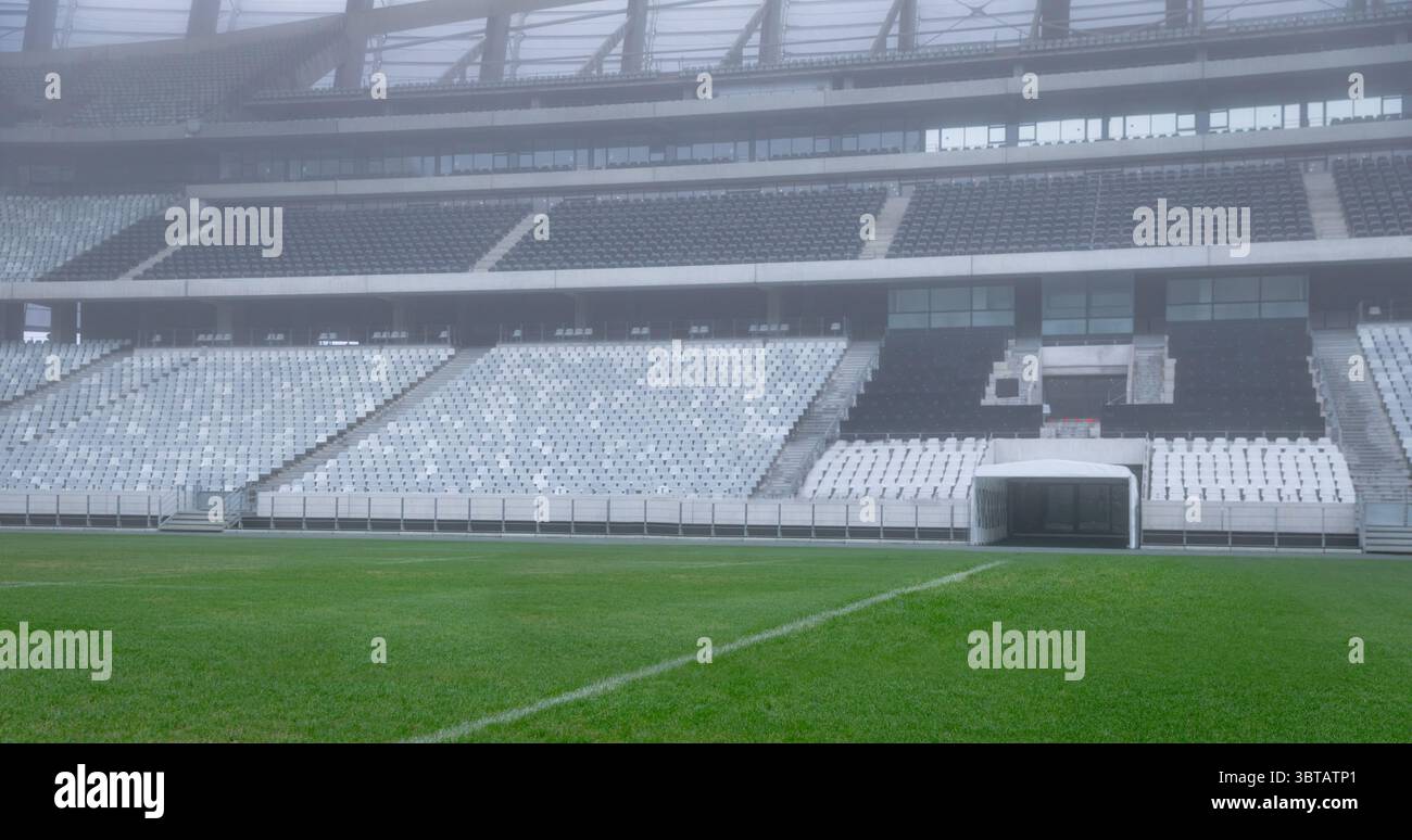 Showing empty stadium in flat design, with green turf, white lines ...