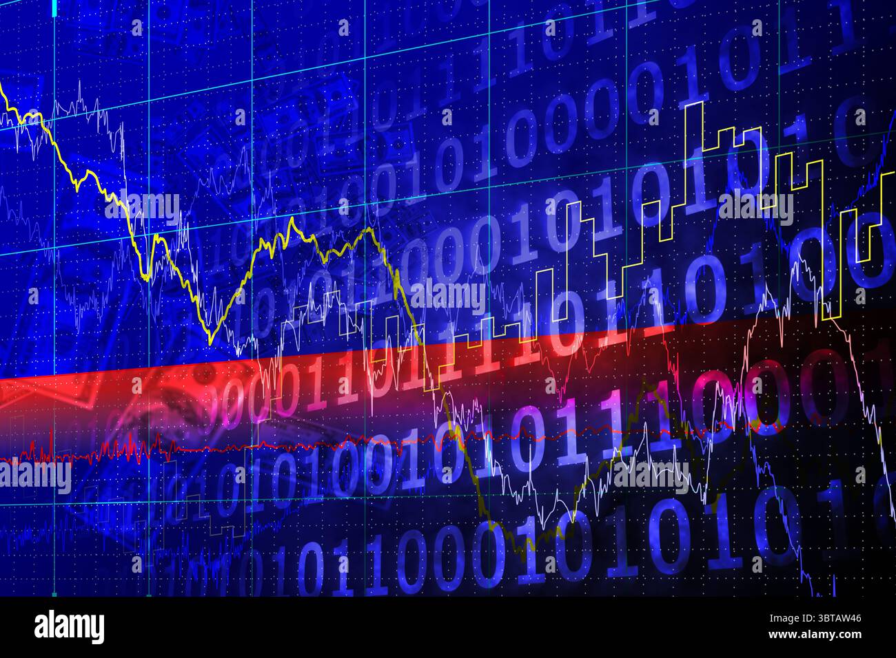 Market visual is showing in flat design with colored bands, binary code ...