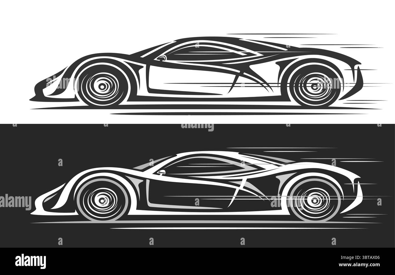 Vector logo for rear-engine Supercar, monochrome automotive banner with ...