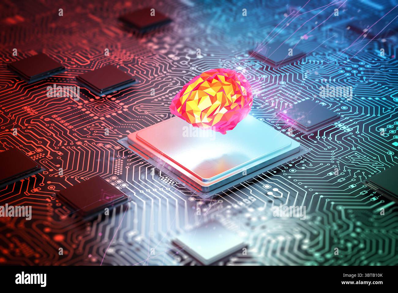 3d rendering artificial intelligence polygonal brain on cpu chipset with complex circuit ...