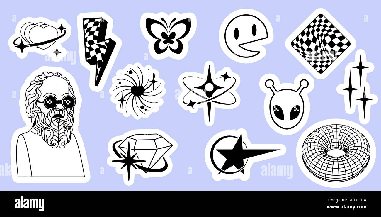 Y2k future stickers set - retro futuristic symbols of butterfly and ...