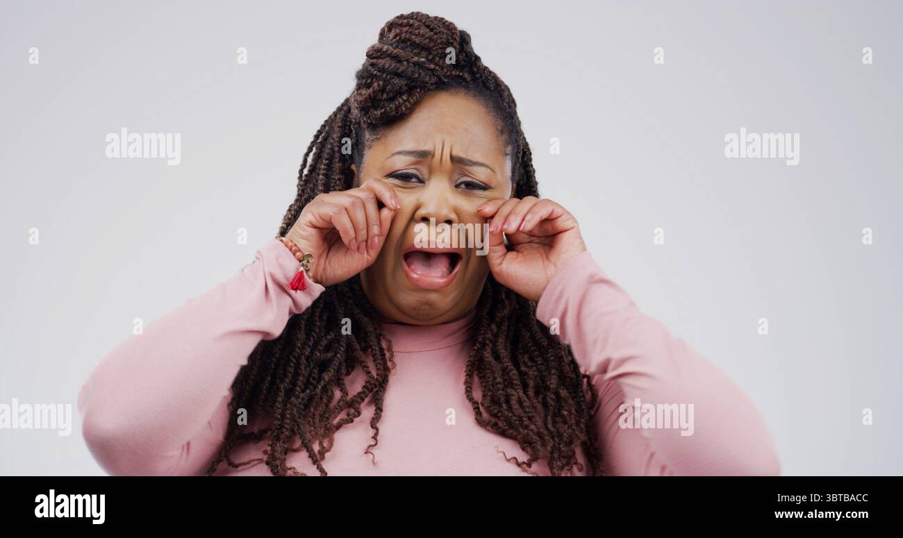 Sad, black woman or portrait with cry for emotional breakup on a white ...