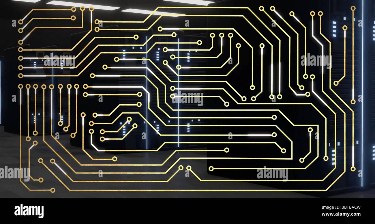 Glowing gold circuit overlay across data center, server racks network ...