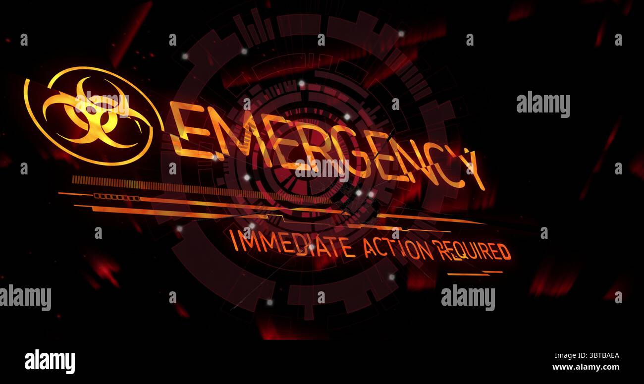Displaying glowing orange emergency alert with biohazard symbol on ...