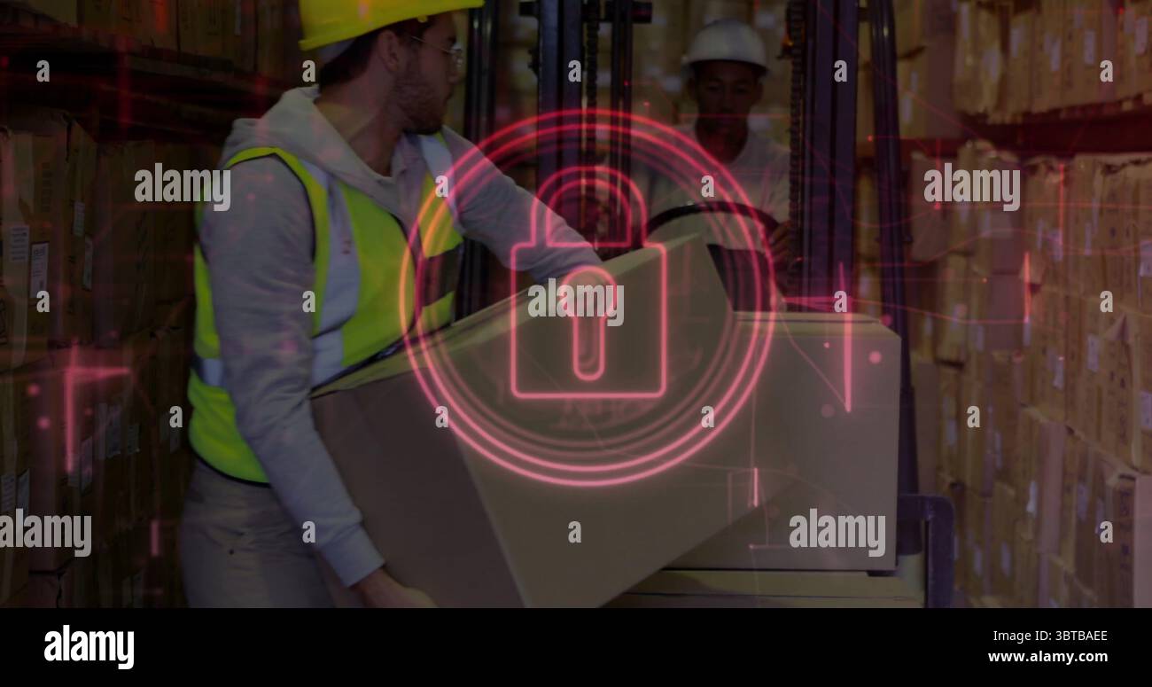 Lifting warehouse worker moving boxes using forklift in aisle, digital ...