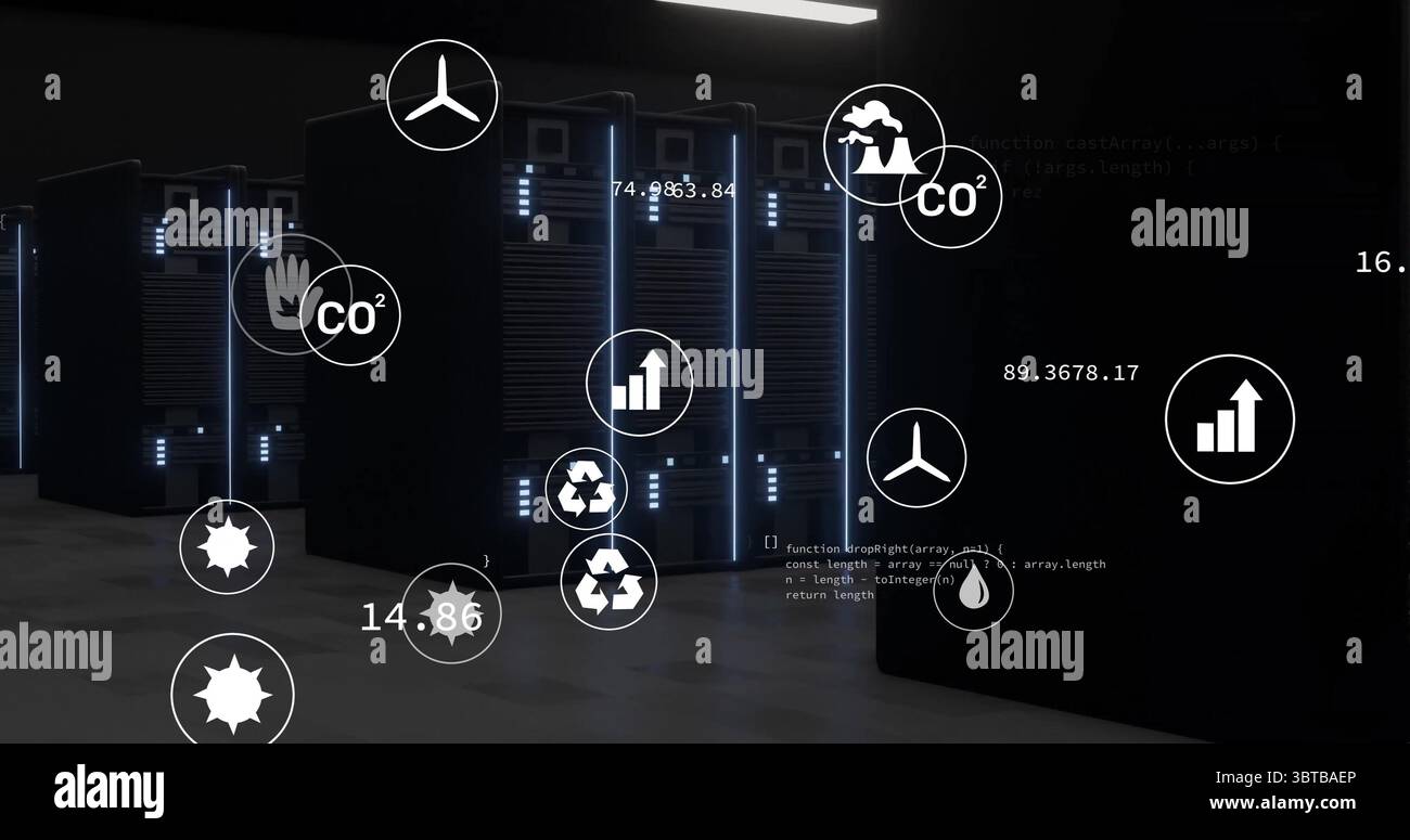 Showcasing three server cabinets with glowing blue LED lights, eco ...