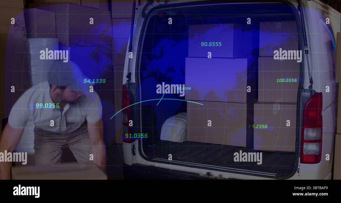 Male worker bending and lifting box in warehouse, with white cargo van ...