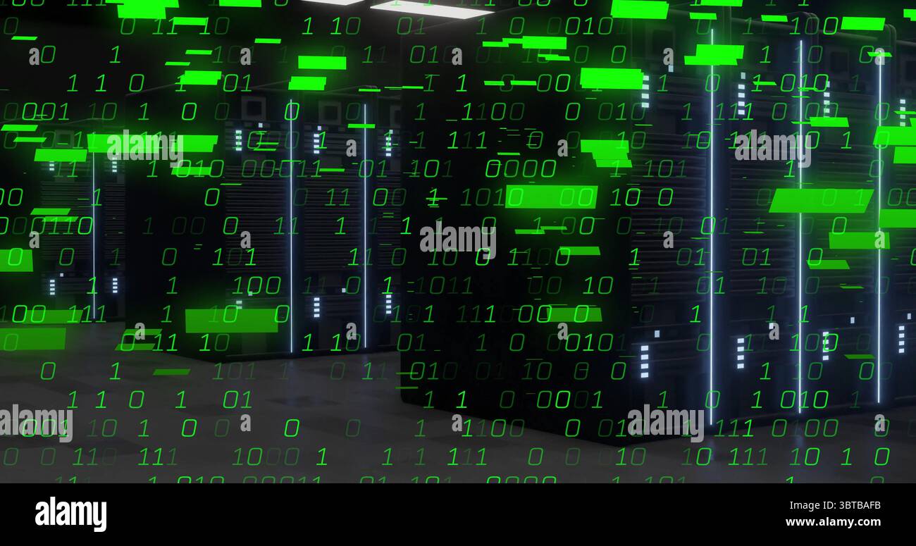 Black server racks standing in data center, showing glowing LED indicators and binary overlay ...