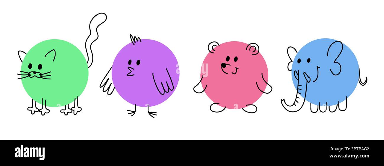 A collection of simple stickers with smiling animals drawn with pencil ...