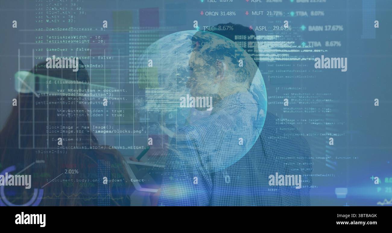 Two professionals studying holographic globe in data lab, with code ...