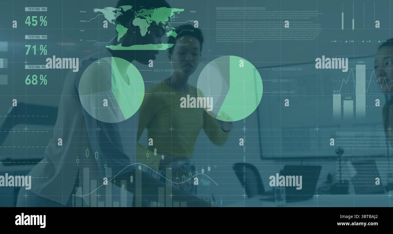 Presenting woman in yellow blouse pointing at global data overlay in ...