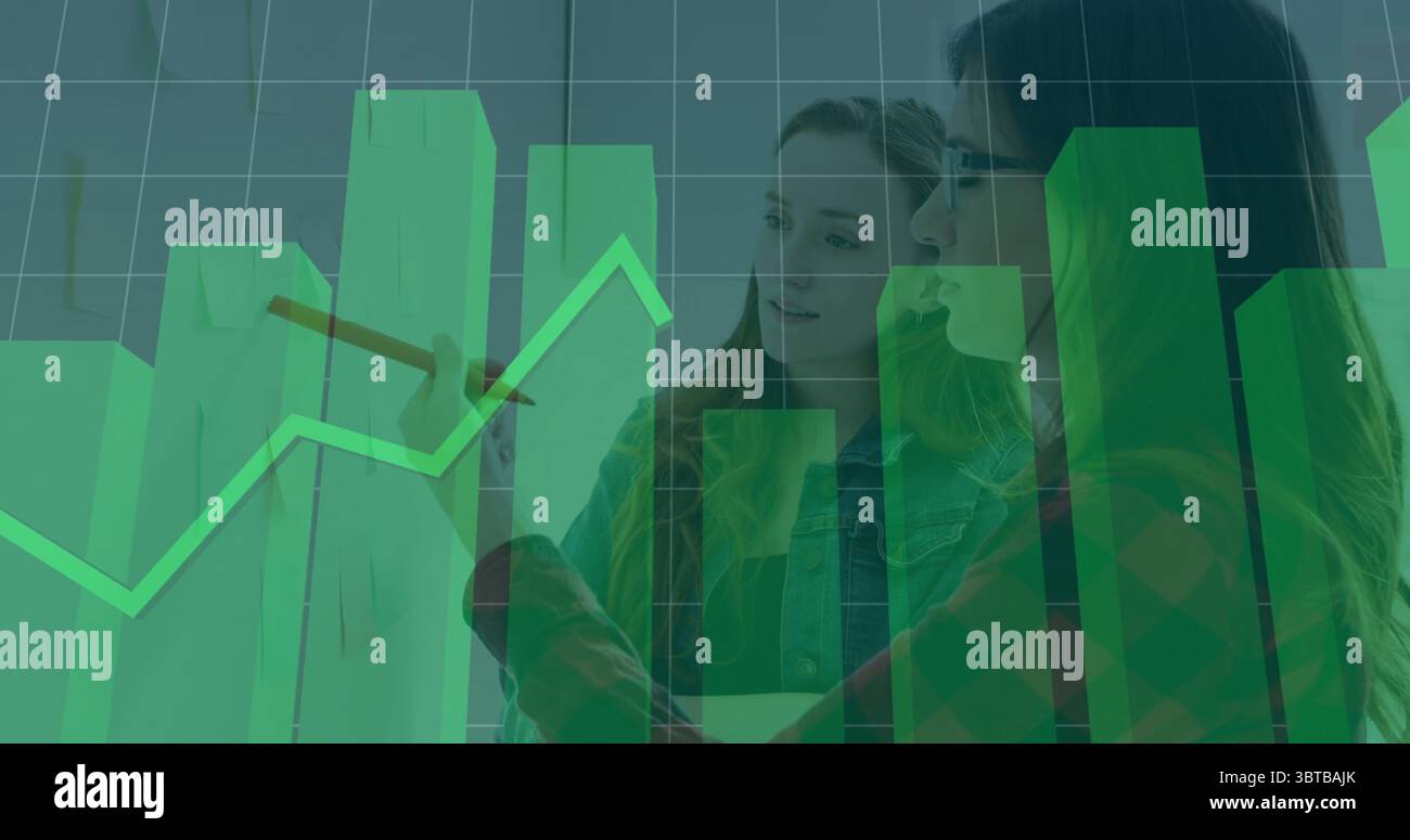 Gesturing analysts pointing at translucent bar chart and rising line ...