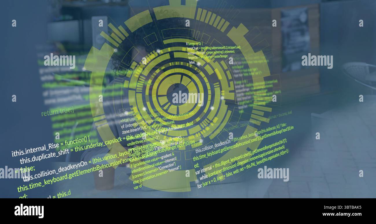 Displaying green HUD interface hovering above desk in office workspace ...
