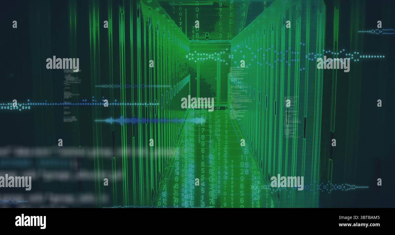 Server racks streaming binary code in data center, with holographic blocks and waveform visuals ...