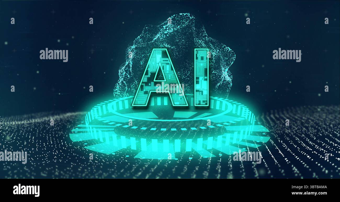 Rotating Teal Ai Letters Floating Over Illuminated Grid On Circuit Platform With Particle Cloud