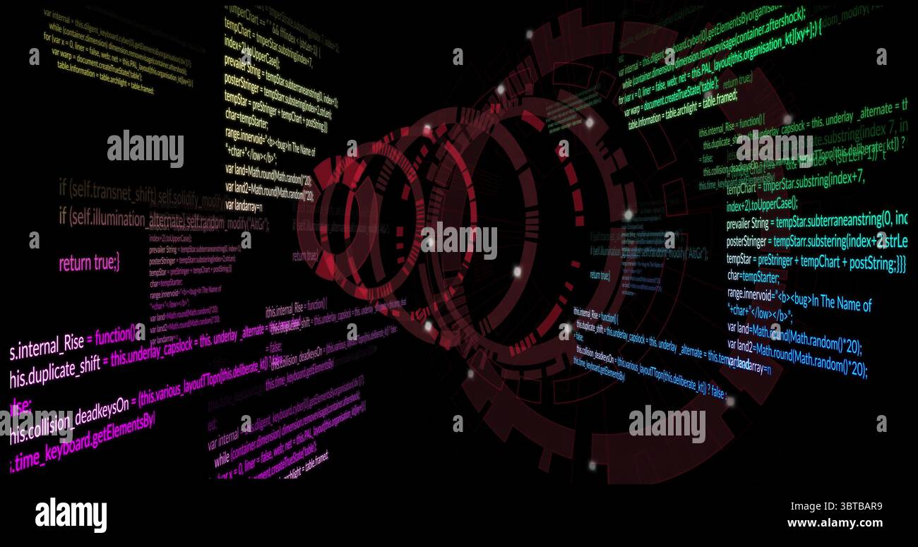 Rotating red circular interface hovering in cyber dashboard, with ...