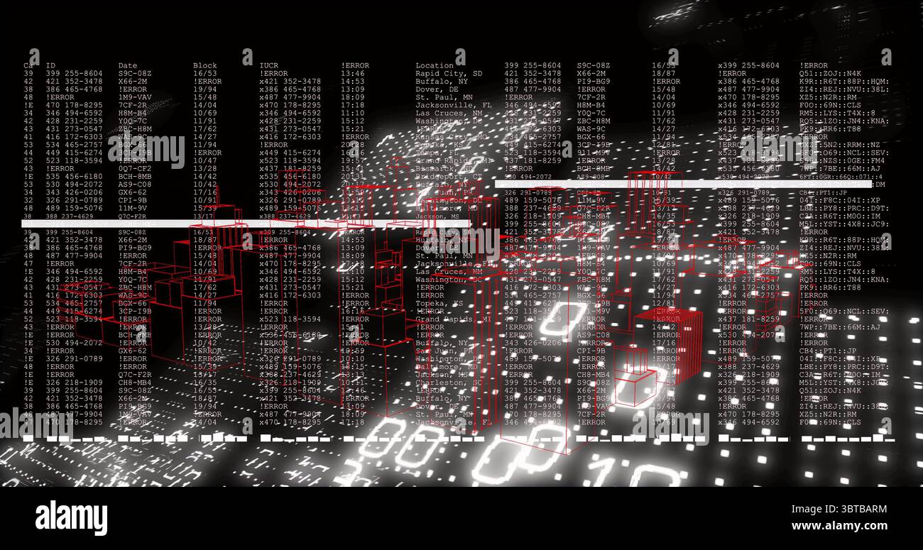 Displaying translucent red server rack wireframes in virtual data center, with glowing grid ...