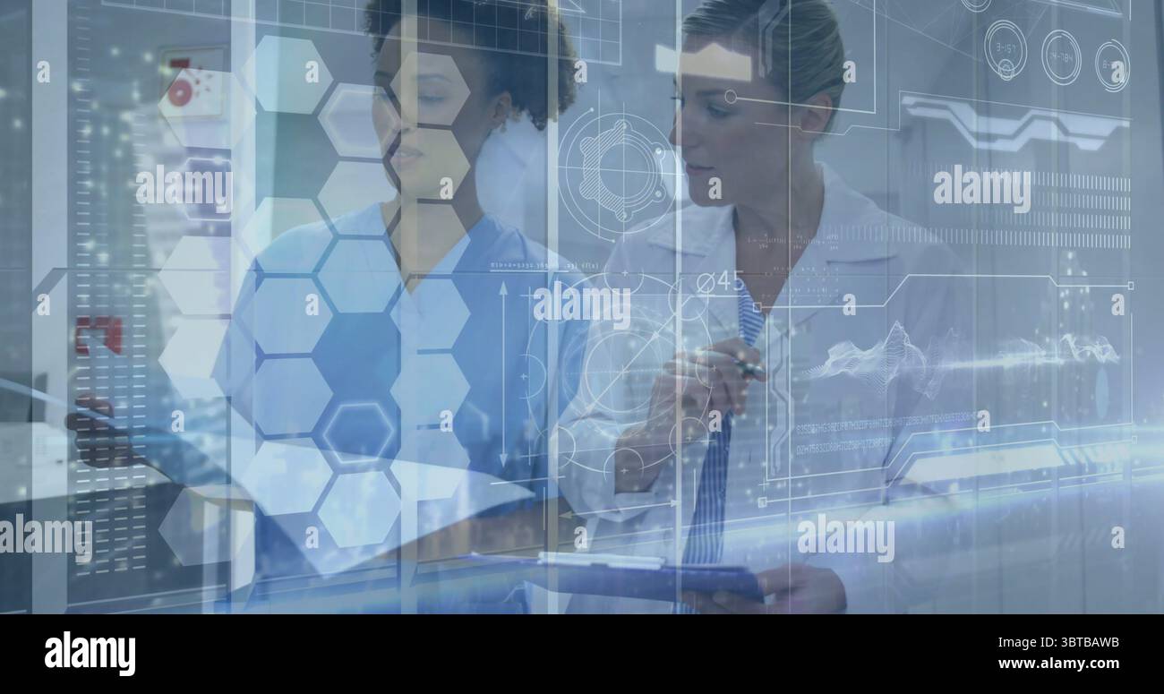 Female doctor examining holographic charts hi-res stock photography and ...