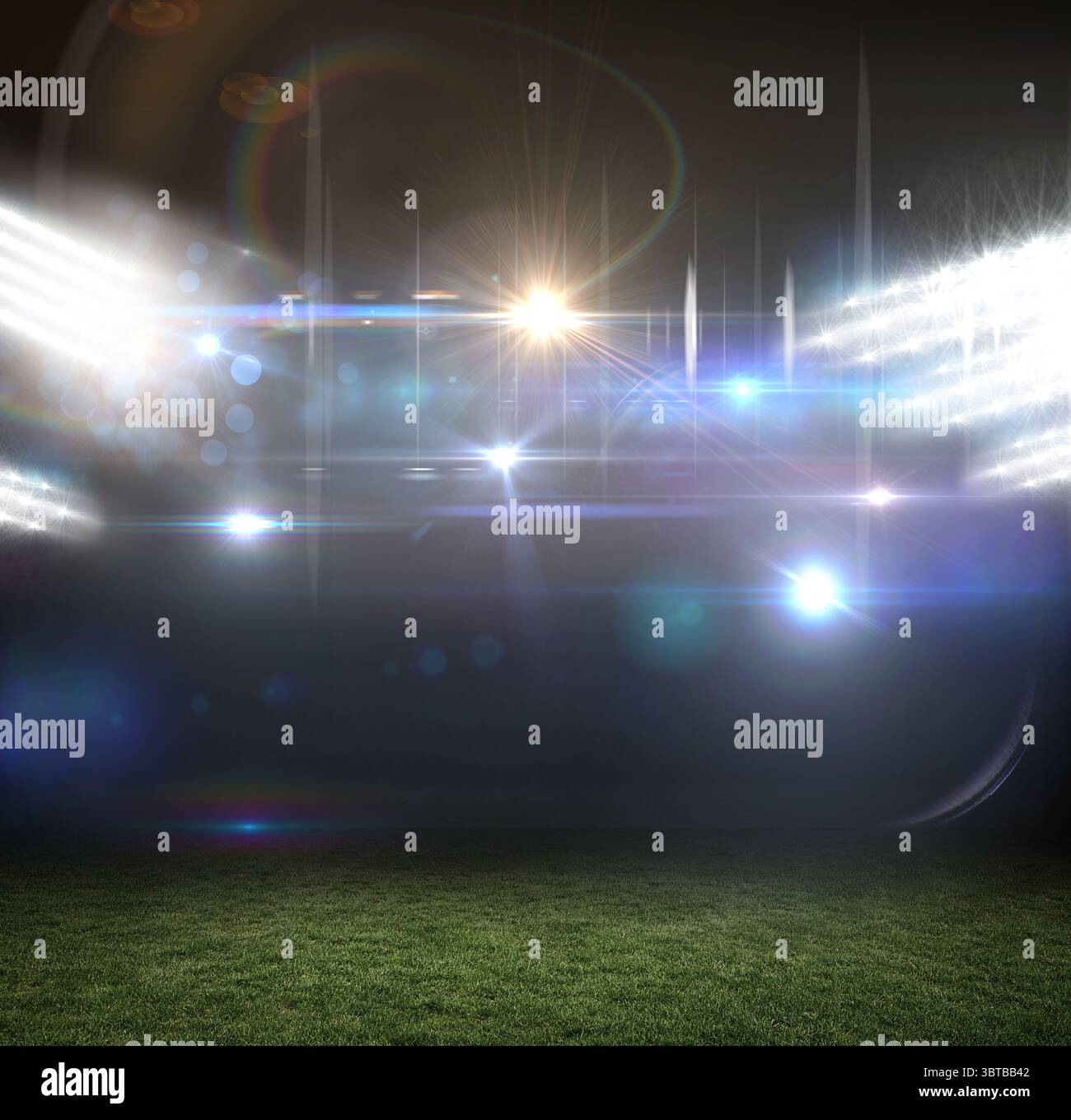 Flat design graphic is showing stadium floodlights casting beams and lens flares over grass ...
