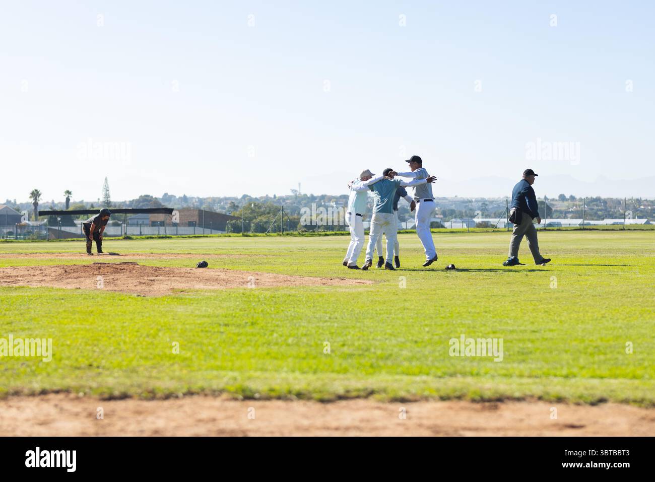 Diverse male baseball teammates celebrating win by hugging on mound at ...