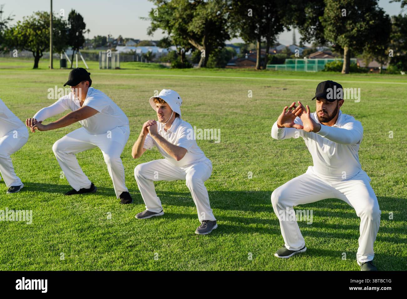 Diverse male teammates crouching on grass field in cricket uniforms and ...