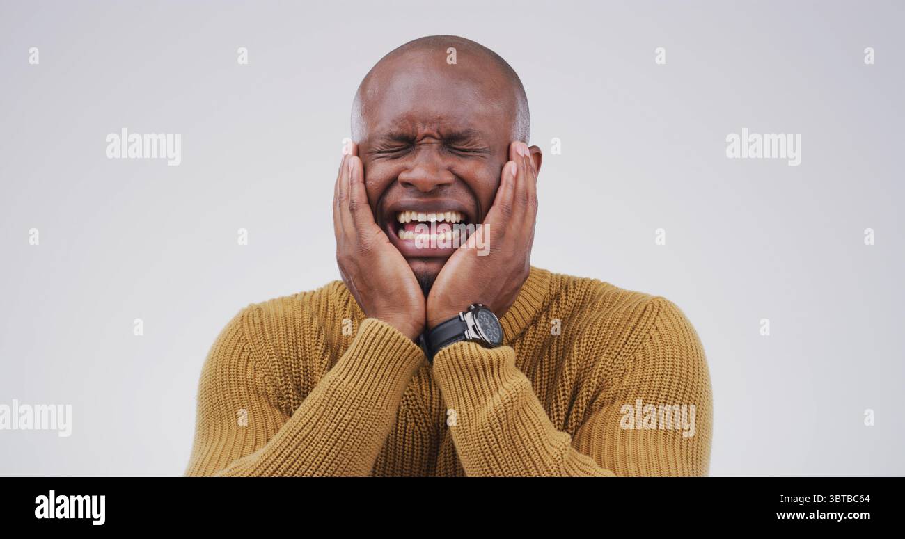 Sad, black man and crying in studio with depression, mourning loss and ...