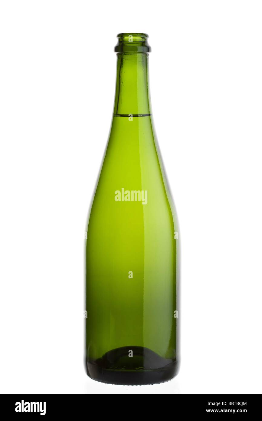 open champagne bottle with no label against pure white background ...