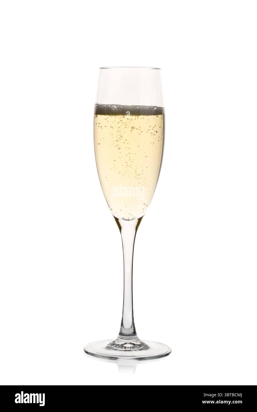 Two elegant champagne flutes filled with sparkling wine on clean white ...