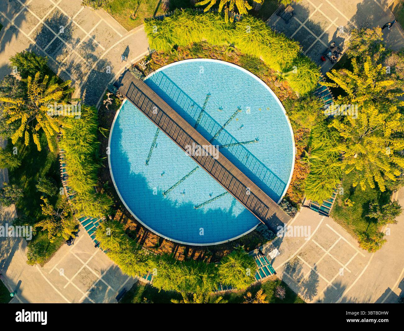 Top-down aerial view of a pool with landscaped surroundings Stock Photo ...