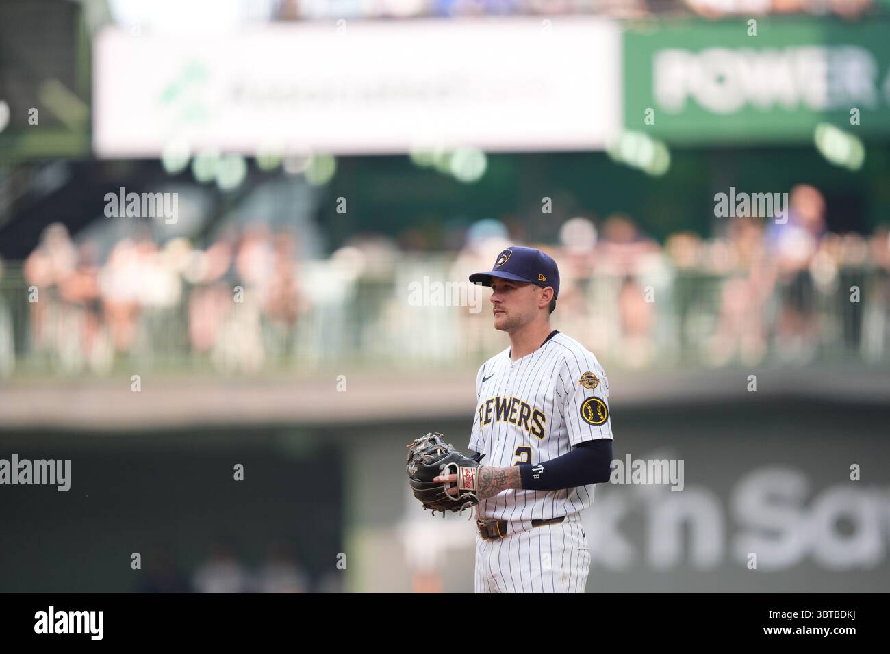 Milwaukee Brewers' Brice Turang looks on during a baseball game against ...