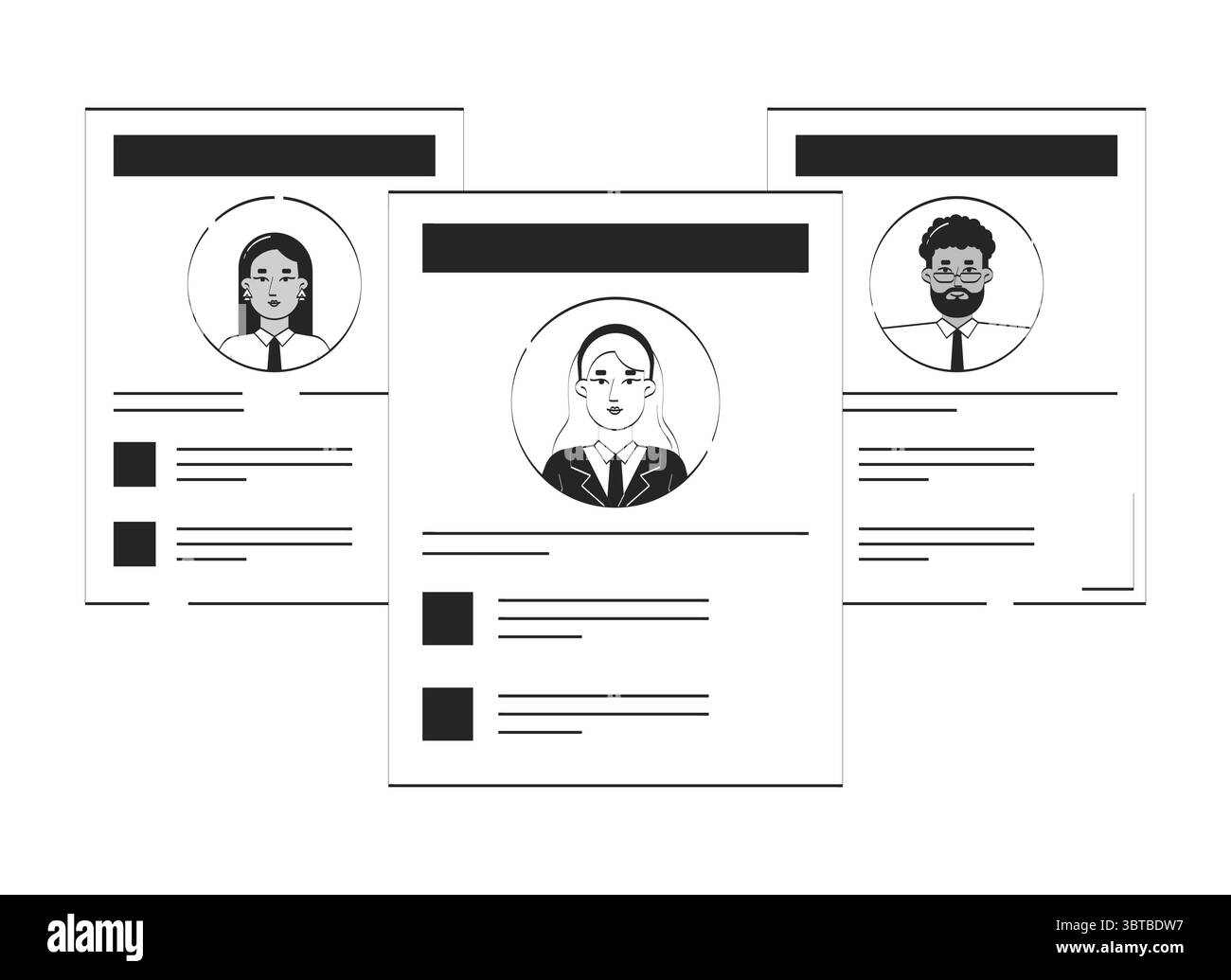 Job resume paper sheets with diverse candidates profiles doodle linear ...