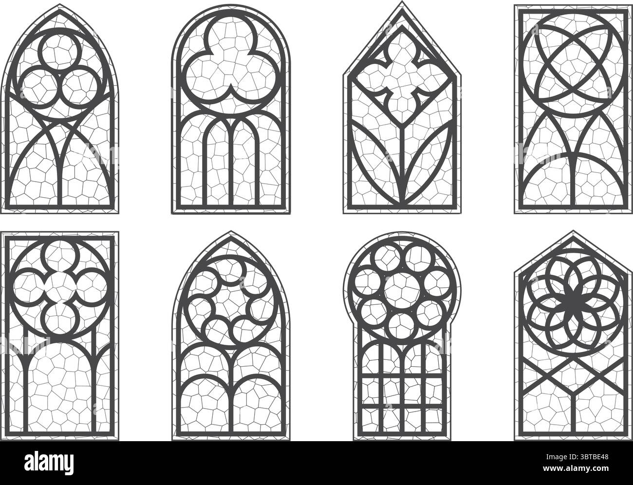 Gothic church windows with arched frames and stained glass. Medieval ...