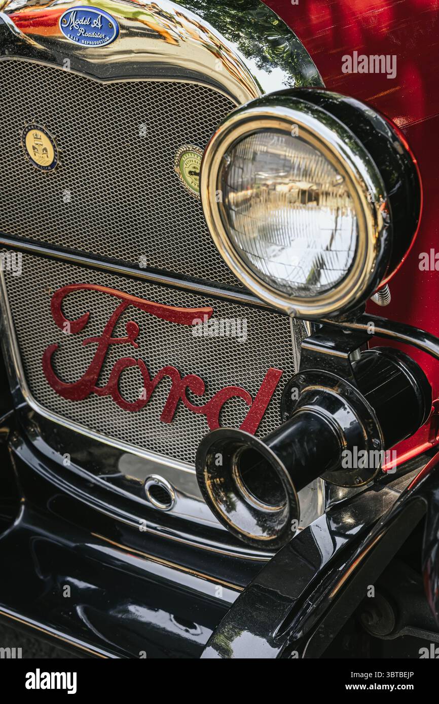 Ford Model A grille with horn. Close-up of Ford Model A grille with ...