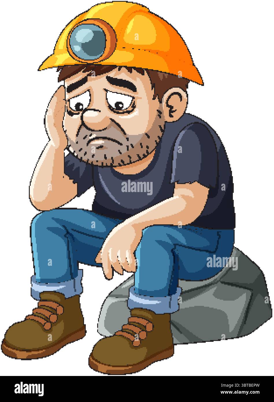A cartoon miner with a hard hat sits on a rock, looking sad. Vibrant ...