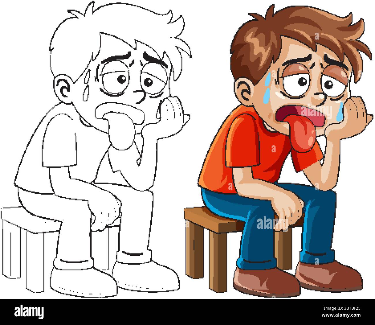 A vector illustration of a tired cartoon boy sweating and sitting on a ...