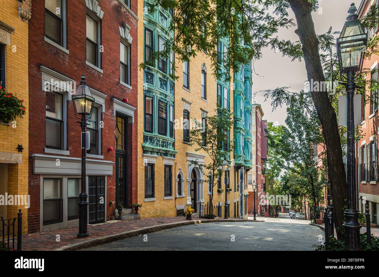 Street in Beacon Hill with historic brick row houses, Boston ...