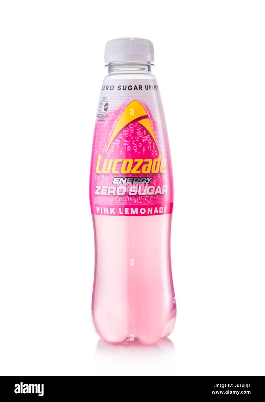 LONDON, UK - JULY 12, 2025: Bottle of Lucozade zero sugar pink lemonade ...