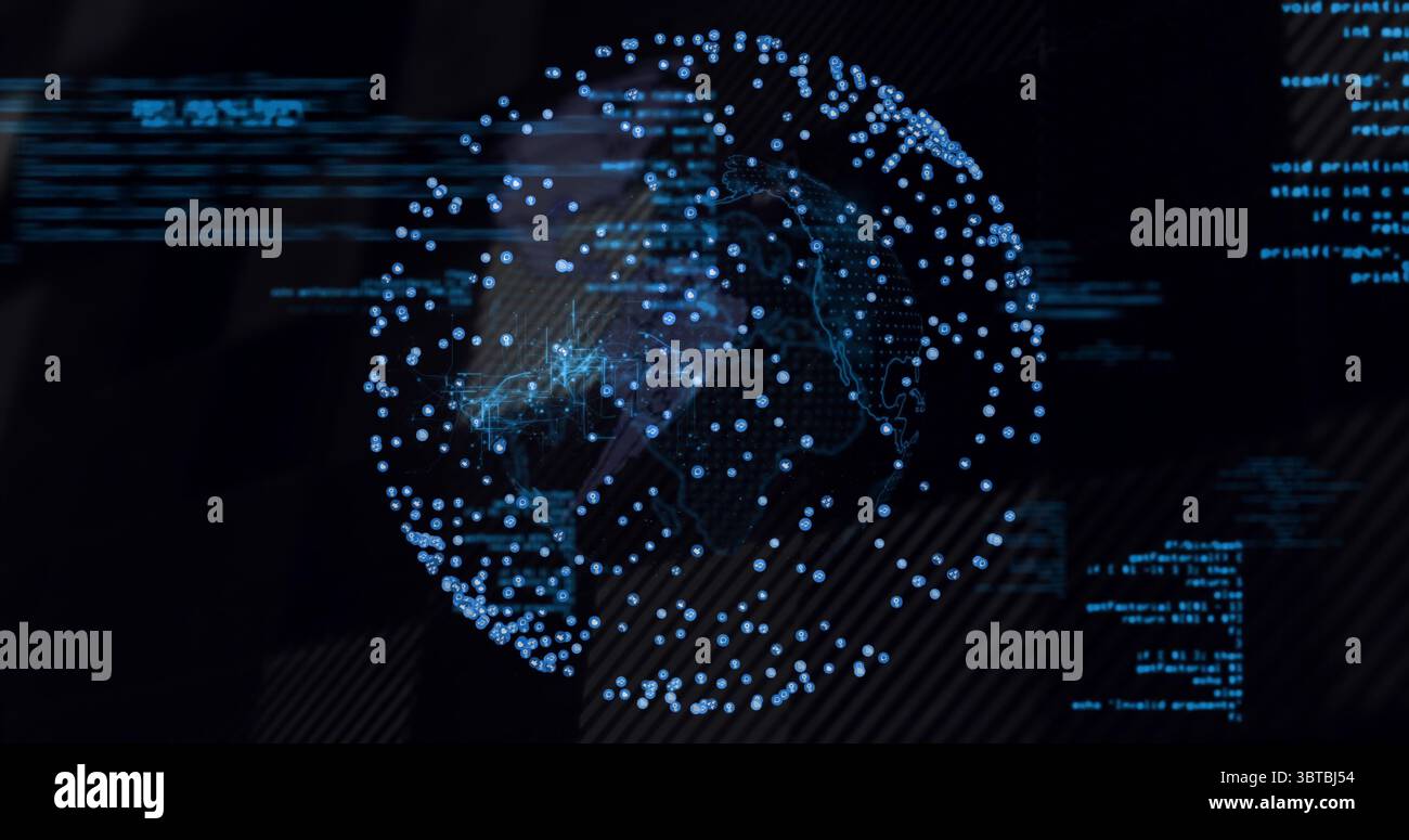 Floating translucent digital globe showing network paths on data ...