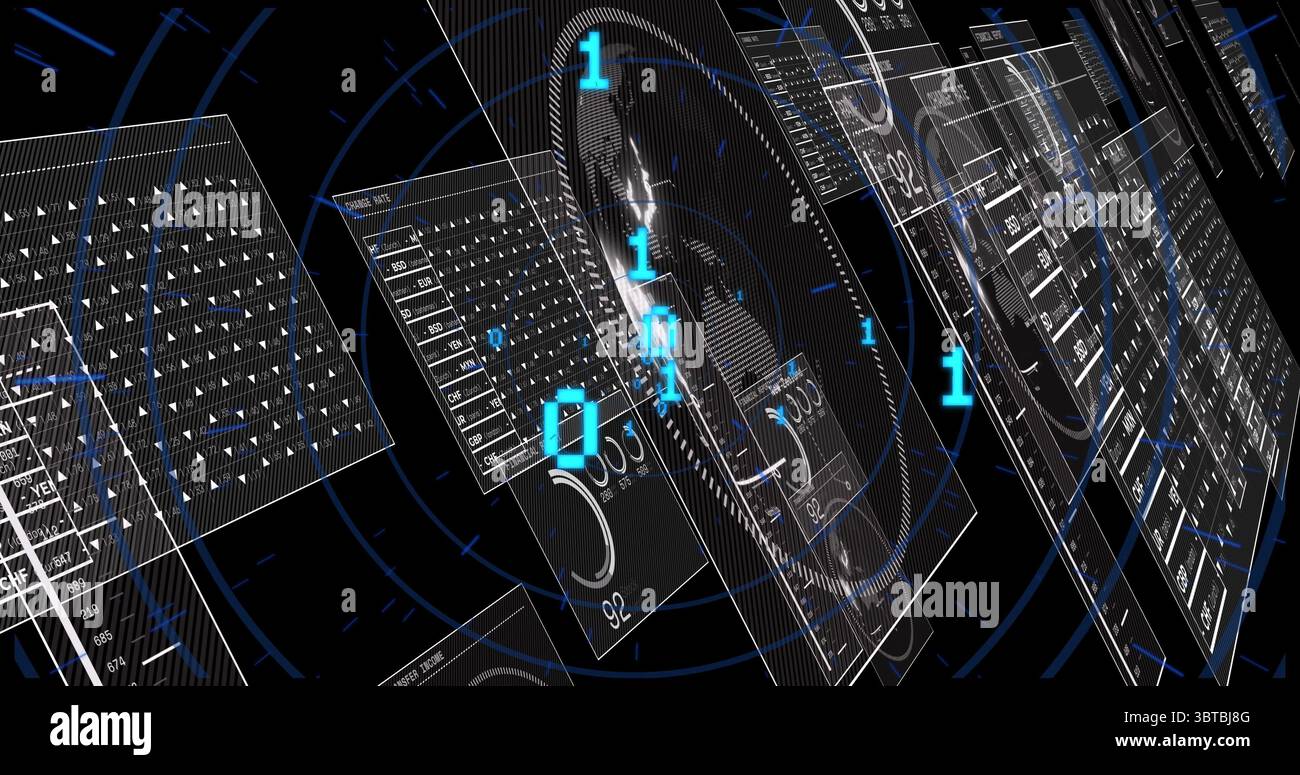 Floating interface panels showing binary digits, circular gauges and tabular grids in digital ...