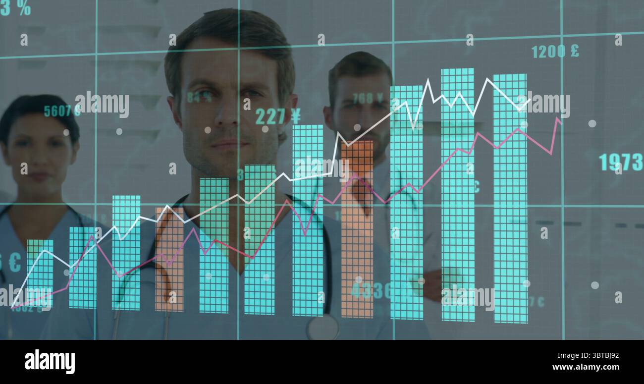 Medical team studying bar charts and line graphs in clinic, with ...