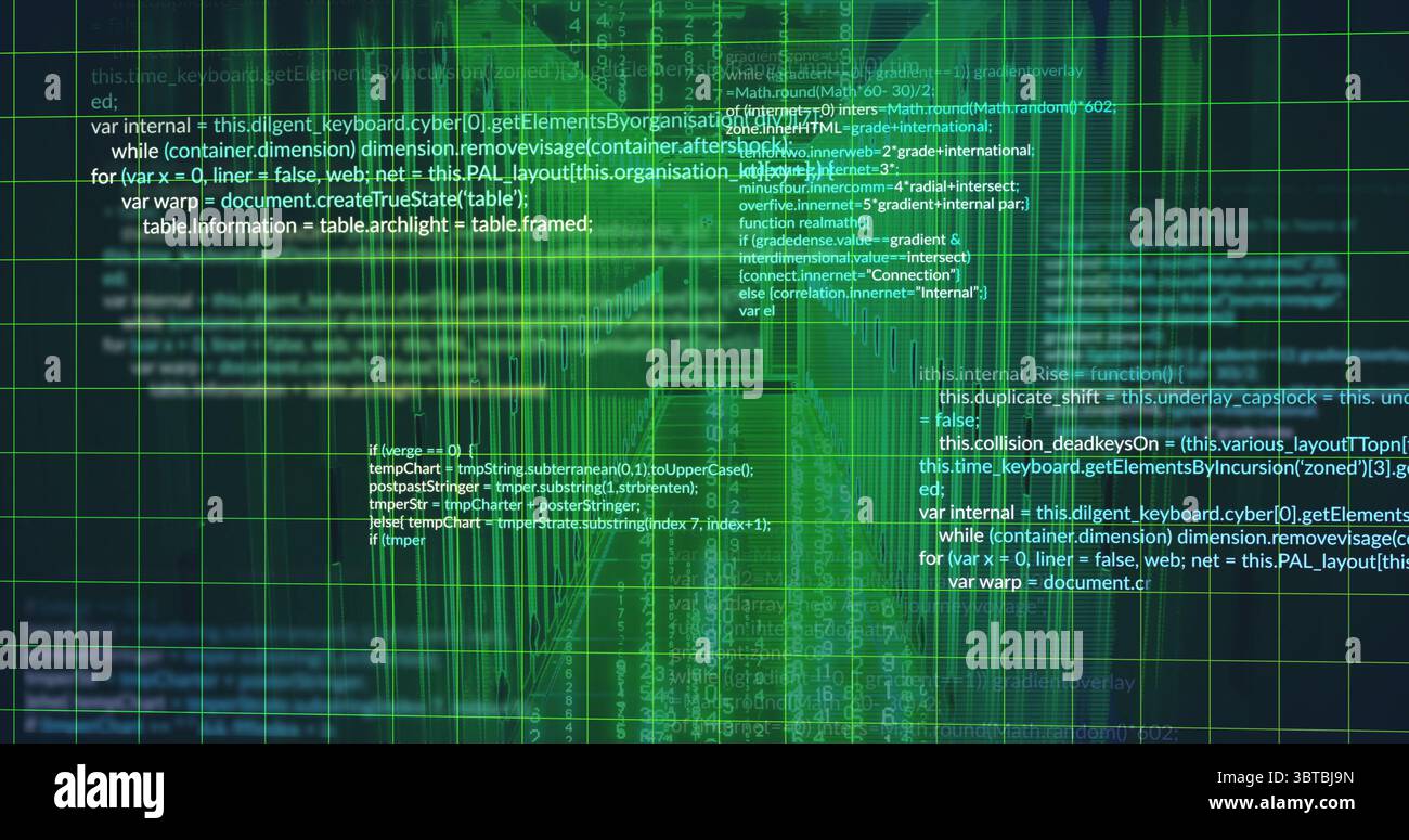 Displaying programming code overlay floating across digital grid ...