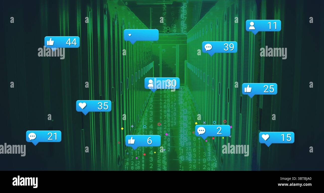 Floating social media icons showing counts in data center, featuring binary code and servers ...