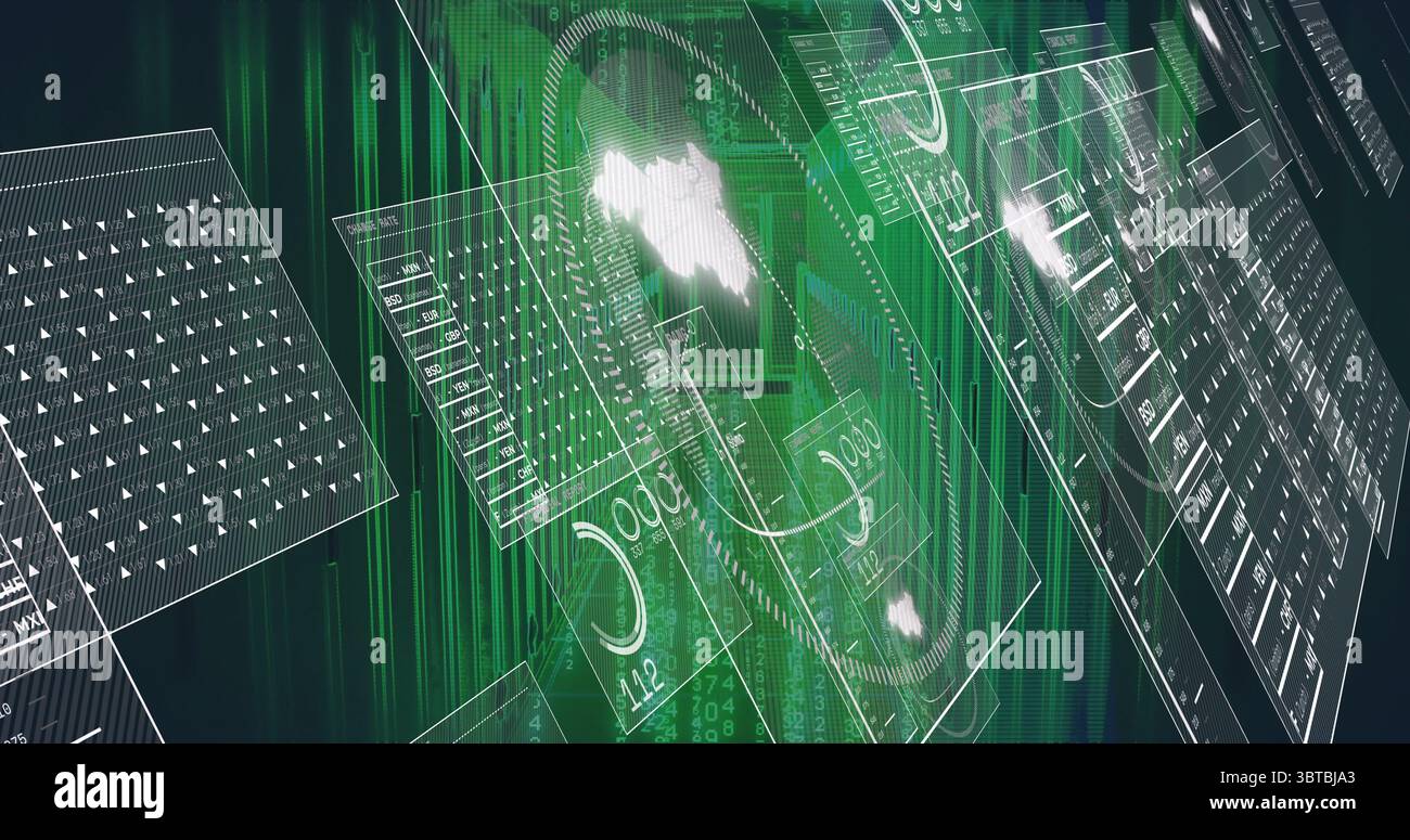 Curved semi-transparent panel floating in virtual space, with dashboards, gauges and code ...